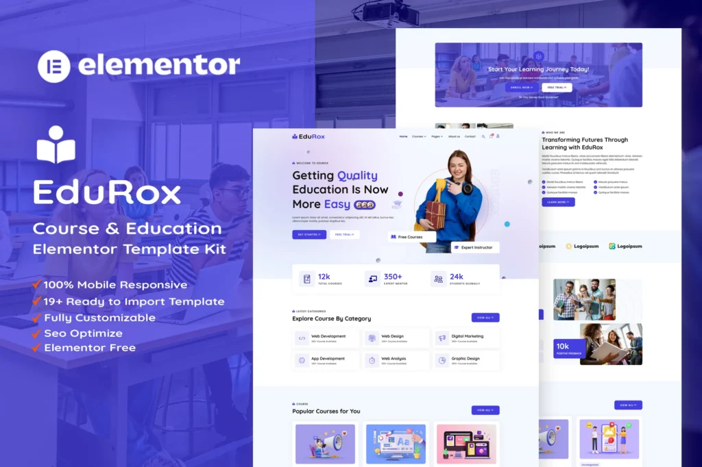 EduRox - Elementor Pro Online Template Kit for Courses and Education - Website Pack